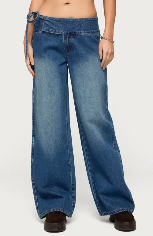 EDIKTED Cleo Tie Waist Wide Leg Jeans - Blue-washed
