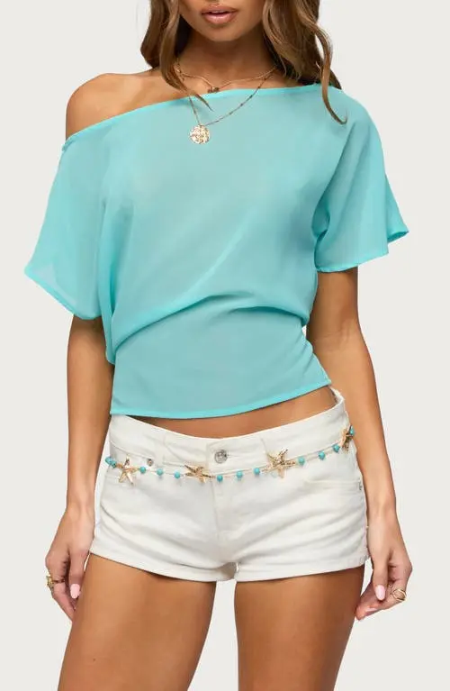EDIKTED Noria One-shoulder Sheer Chiffon Top - Turquoise