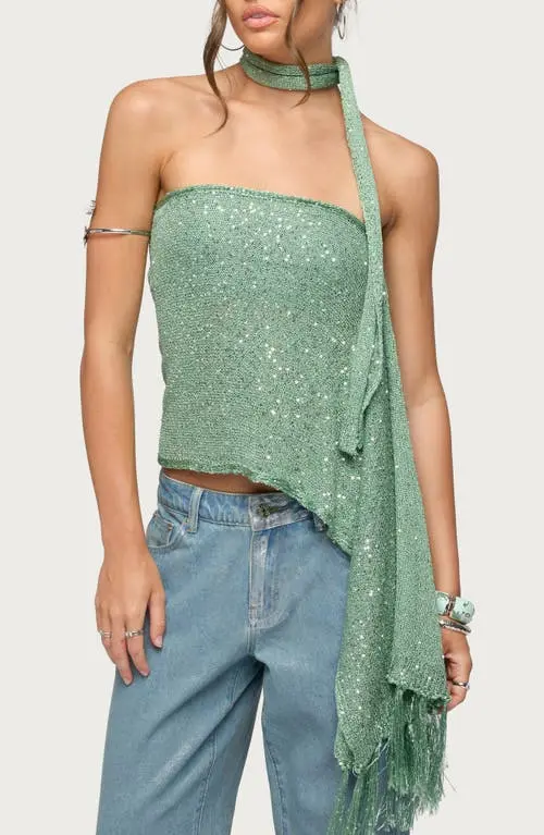 EDIKTED Two-piece Sequin Scarf Top - Sage
