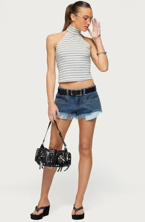 EDIKTED Meshy Studded Cutoff Denim Shorts