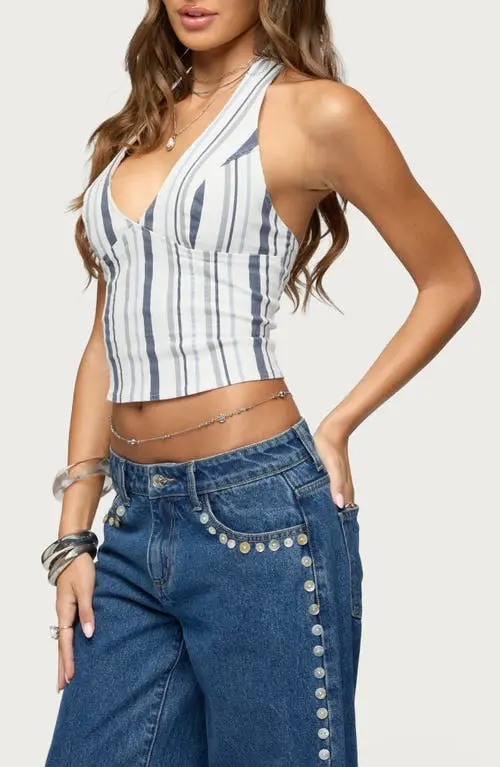 EDIKTED Sofey Stripe Denim Halter Top