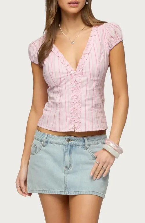 EDIKTED Georgia Ruffle Stripe Cotton Button-up Shirt - Pink
