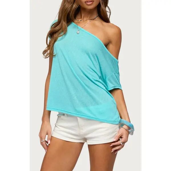 EDIKTED Amora Semisheer One-shoulder Top - Turquoise