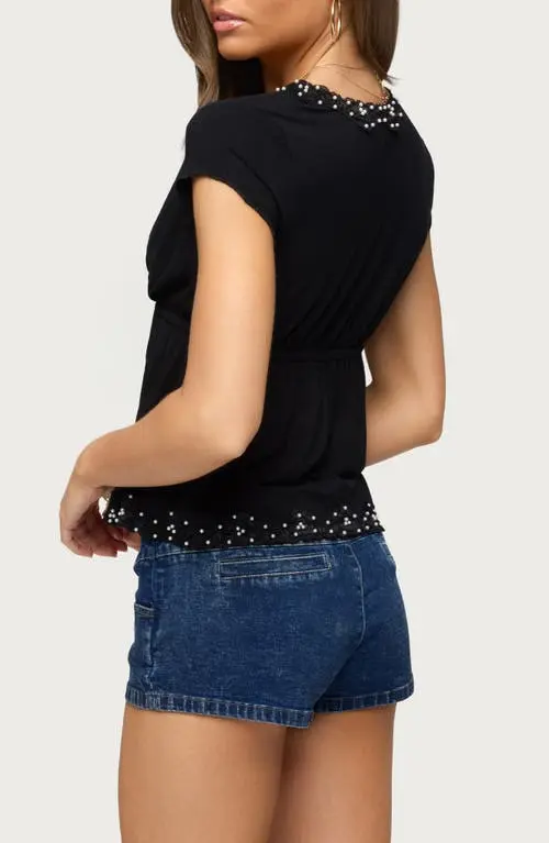 EDIKTED Sepede Lacey Faux Pearl Tie Front Top