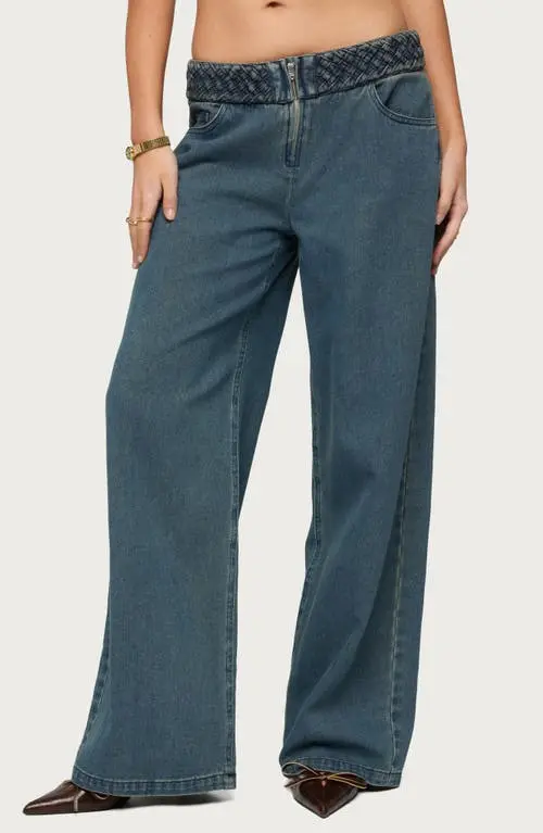 EDIKTED Braided Waistband Wide Leg Jeans - Blue-washed