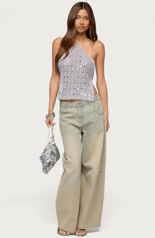 EDIKTED Thaly Backless Sequin Crochet Top