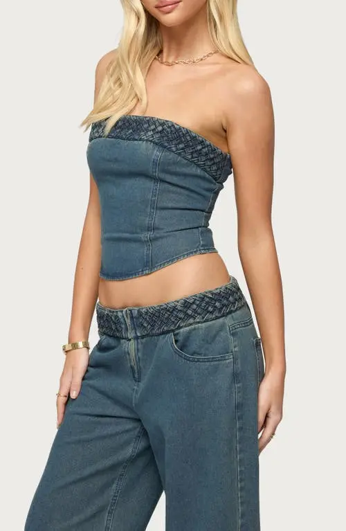 EDIKTED Braidey Strapless Lace-up Denim Crop Top