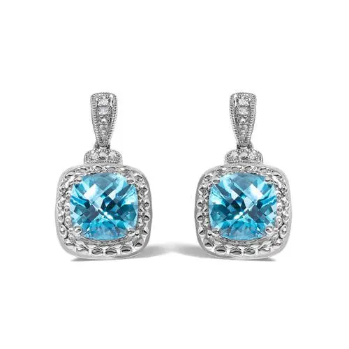 HAUS OF BRILLIANCE Sterling 8x8mm Cushion Cut Blue Topaz And Diamond Accent Drop Earrings - Silver