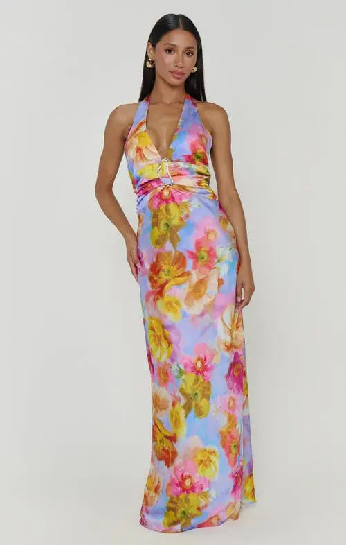 Show Me Your Mumu Chelsea Maxi Dress With Halter Neckline And Gold Hardware - Brushed Blooms