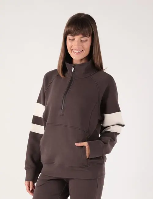 GLYDER Cottontech Scuba Knit 1/4 Zip Jacket - Java/oatmilk Stripes