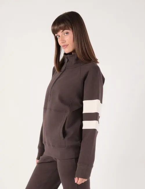 GLYDER Cottontech Scuba Knit 1/4 Zip Jacket - Java/oatmilk Stripes
