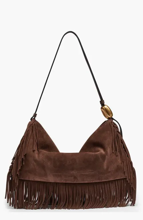 Donna Karan New York Velvet Suede Fringe Shoulder Bag - Chocolate
