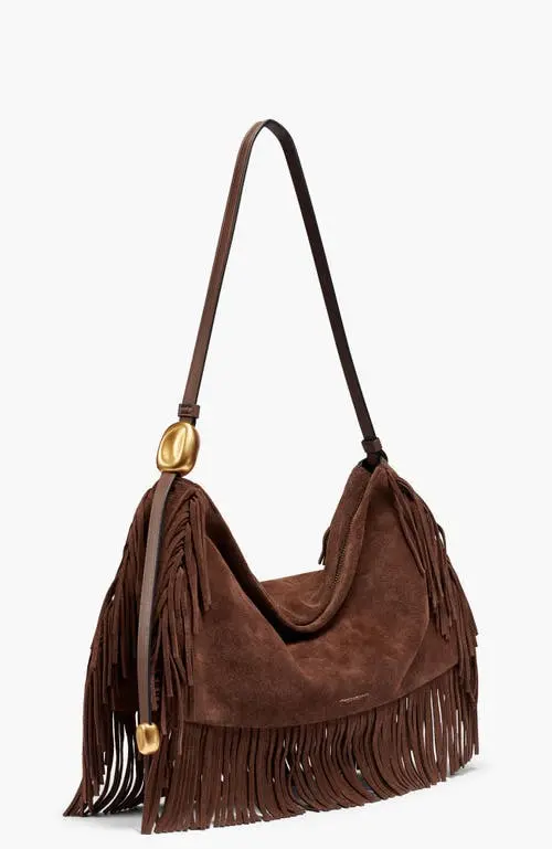 Donna Karan New York Velvet Suede Fringe Shoulder Bag - Chocolate