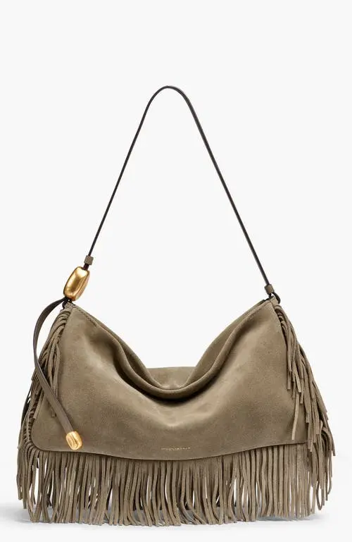 Donna Karan New York Velvet Suede Fringe Shoulder Bag - Truffle