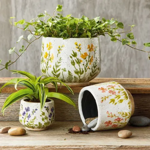 TAG Wild Flower Footed Planter Medium Multi Terracotta Spring
