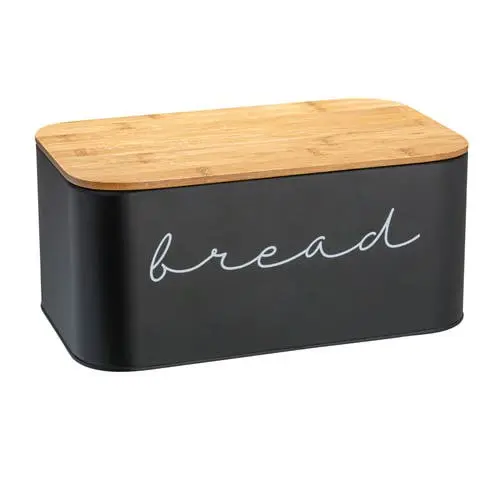STORIED HOME Metal "bread" Bin With Wood Lid - Black