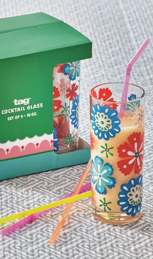 TAG Eclectic Fun Multi Glass Set 4 10oz 2.5x2.5x6in Glass Bar Glasses
