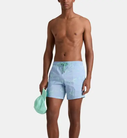 Vilebrequin Ultra-light Packable Swim Shorts With Turtle Print - Cyan