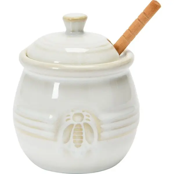 STORIED HOME Farmhouse Embossed Honey Pot With Honey Dipper - Cream