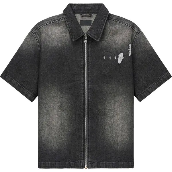 RtA Zeno Distressed Short Sleeve Denim Zip Shirt - Fray Noir
