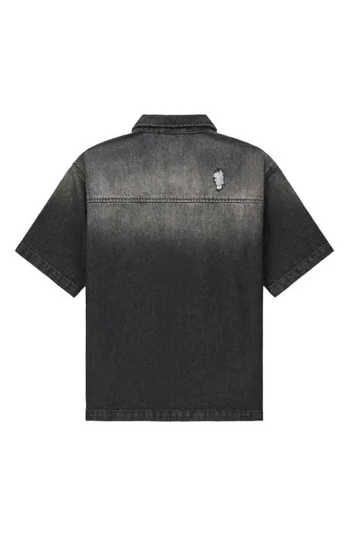 RtA Zeno Distressed Short Sleeve Denim Zip Shirt