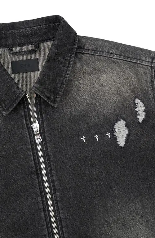 RtA Zeno Distressed Short Sleeve Denim Zip Shirt
