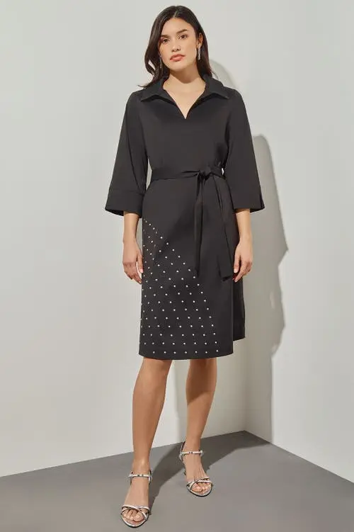 Ming Wang Studded Knee Length Shift Dress - Black
