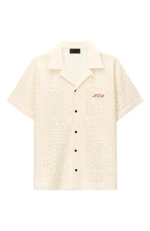 RtA Nathan Oversized Open Weave Button-up Camp Shirt - Sand Cursive