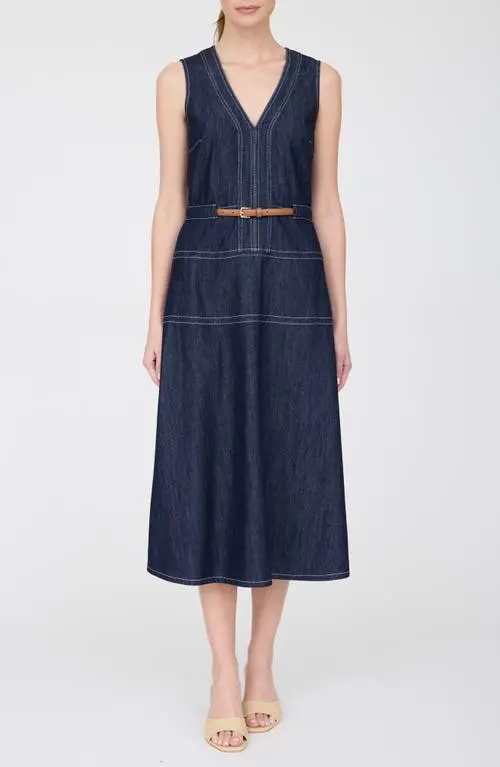 ZOE AND CLAIRE Sleeveless V-neck Belted Dress With Contrast Stitching - Denim