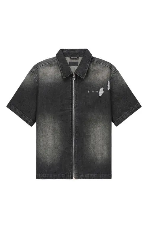 RtA Zeno Distressed Short Sleeve Denim Zip Shirt - Fray Noir