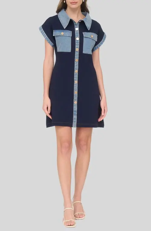 ZOE AND CLAIRE Knit Denim Trim Minidress - Navy