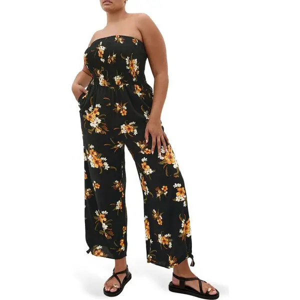 City Chic Aruba Floral Strapless Jumpsuit - Black Print