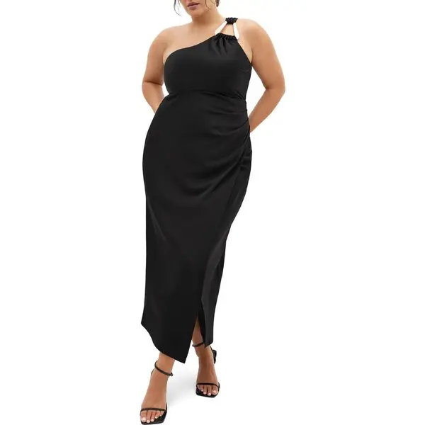 City Chic One-shoulder Maxi Dress With Gold Hardware - Black