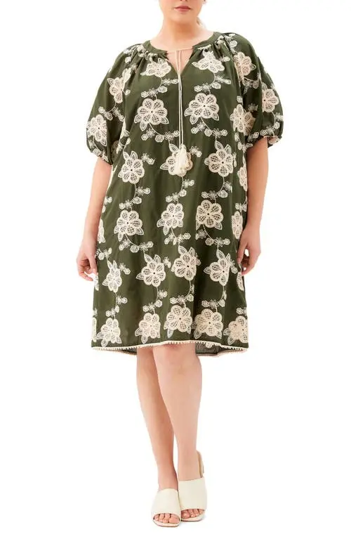 Karen Kane Embroidered Tassel Tie Puff Sleeve Dress - Olive/natural