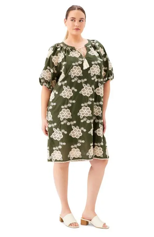 Karen Kane Embroidered Tassel Tie Puff Sleeve Dress