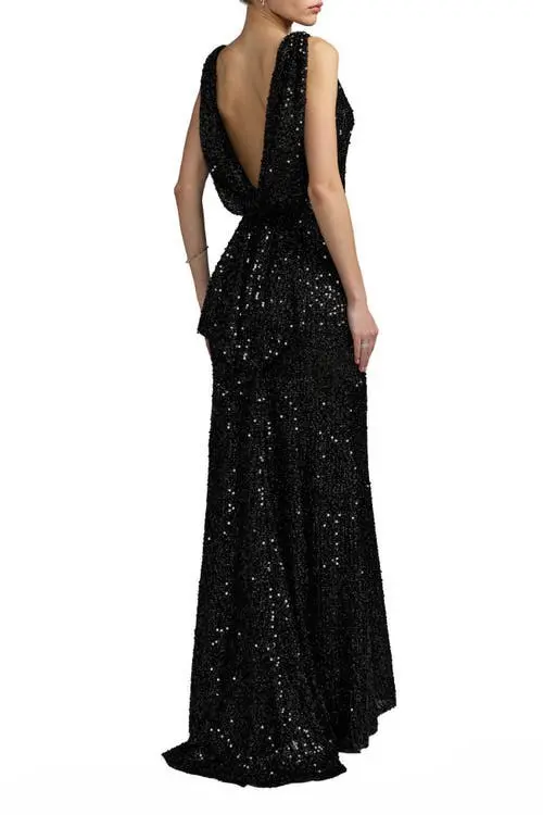 Mac Duggal Sleeveless Sequin Cowl Back Evening Gown - Black