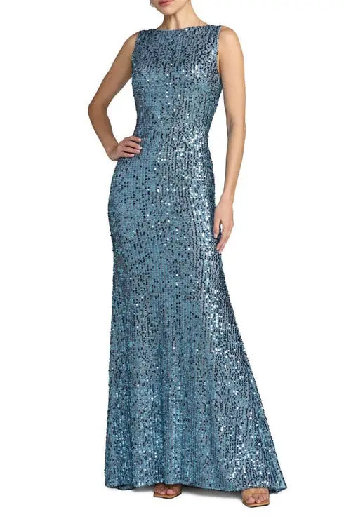 Mac Duggal Sequin Sleeveless Evening Gown With Draped Back - Fusion Blue