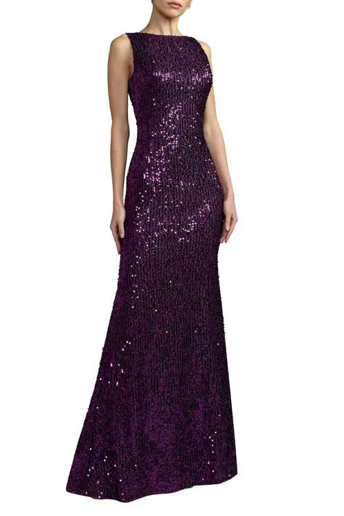 Mac Duggal Sleeveless Sequin Cowl Back Evening Gown - Plum