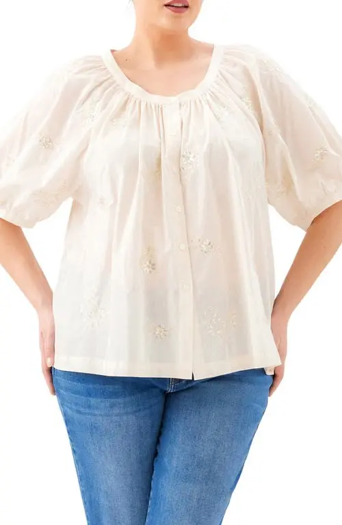Karen Kane Embroidered Button-up Peasant Top - Natural