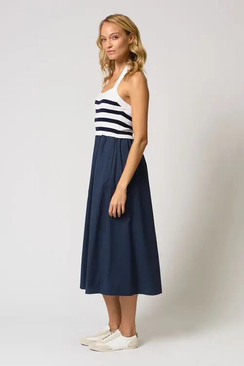 Central Park West Halterneck Striped Midi Dress - Navy