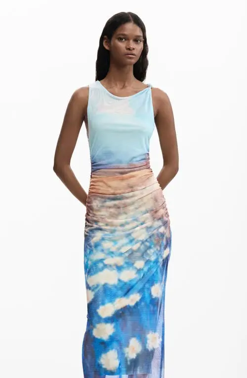 Desigual Sleeveless Abstract Floral Print Mesh Maxi Dress
