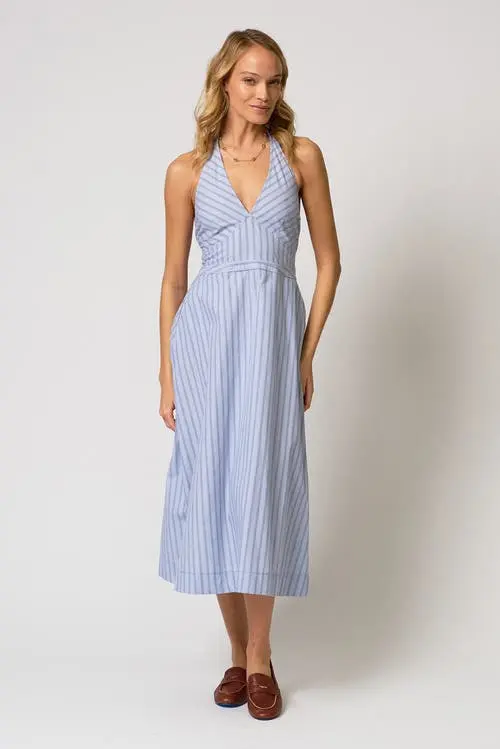 Central Park West Ora Poplin Stripe Halter Midi Dress - Blue