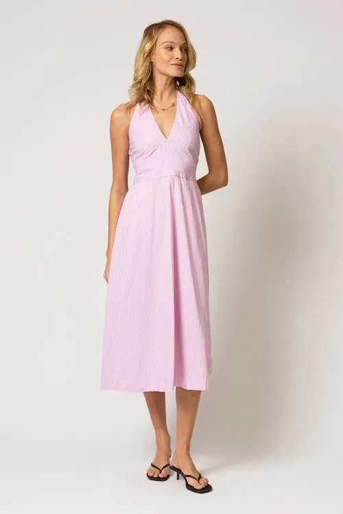 Central Park West Ora Poplin Stripe Halter Midi Dress - Pink