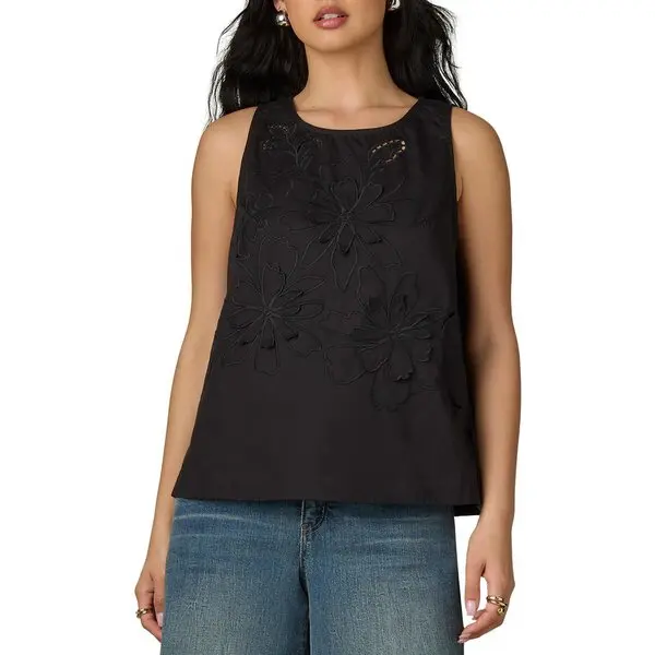 Wit & Wisdom Sleeveless Embroidered Floral Top - Black