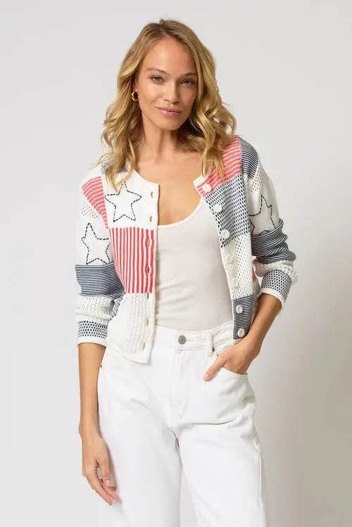 Central Park West Quilted Patchwork Cardigan - Red/white/blue
