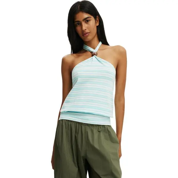 COTTON ON Ada Beaded Halter - Aqua Crush White Stripe