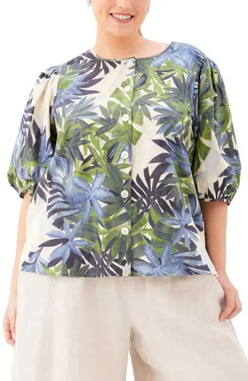 Karen Kane Frond Puff Sleeve Button-up Shirt - Print