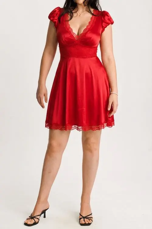 POPILUSH Plunge Resort Fit & Flare Shapewear Built In Mini Dress - Ruby