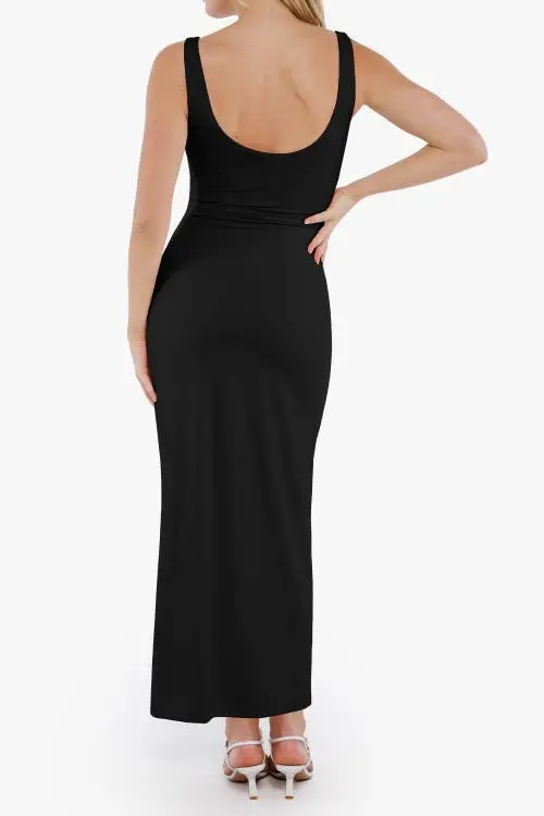 POPILUSH Elegant Boatneck Draped Sculpting Maxi Shapewear Dress - Classic Black