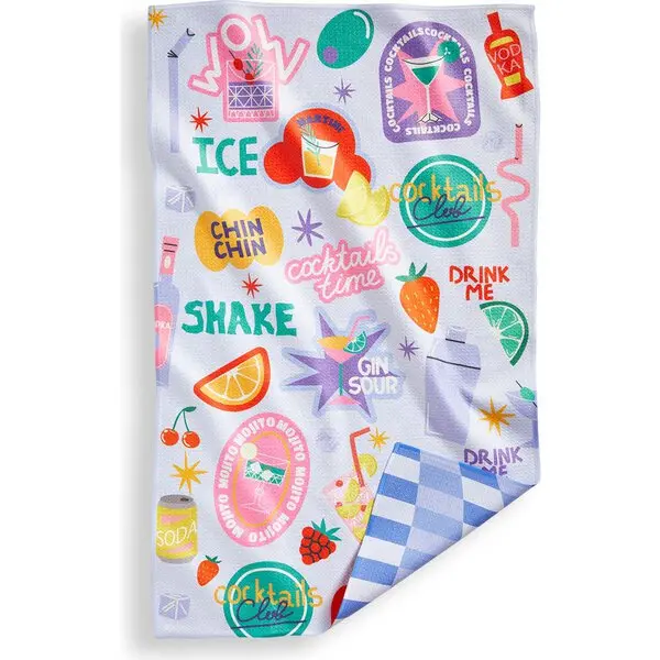 TAG Super Absorbent Kitchen Towel Cocktail Stickers Dishtowels Multi 80% Recycled Polyester 18x30 - Multicolored